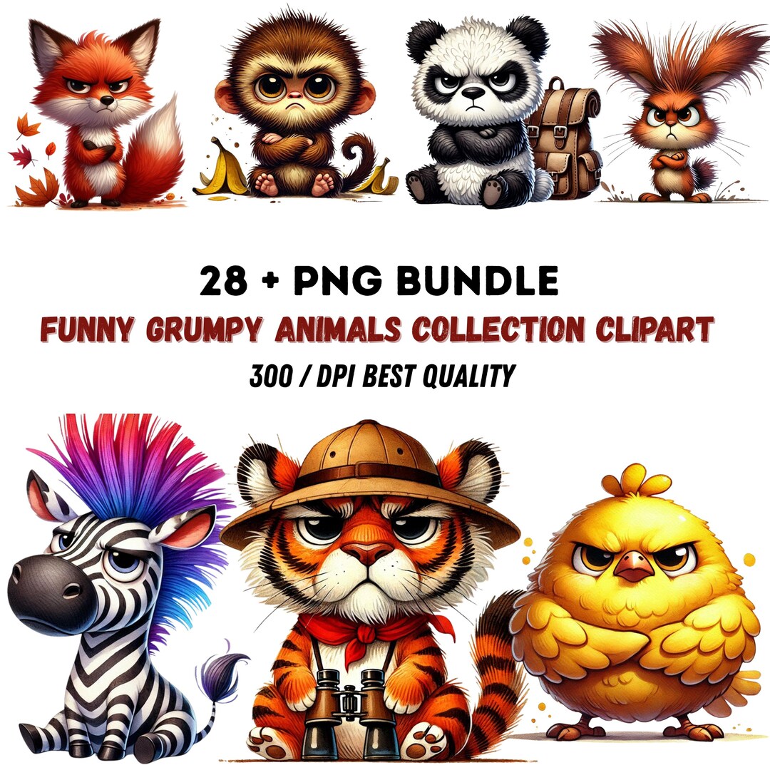 Watercolor Grumpy Animals Clipart: 28 PNG Safari Pet Prints (digital ...