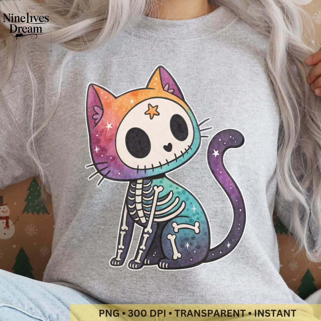 Watercolor Galaxy Skeleton Cat PNG: Halloween Design (commercial Use ...