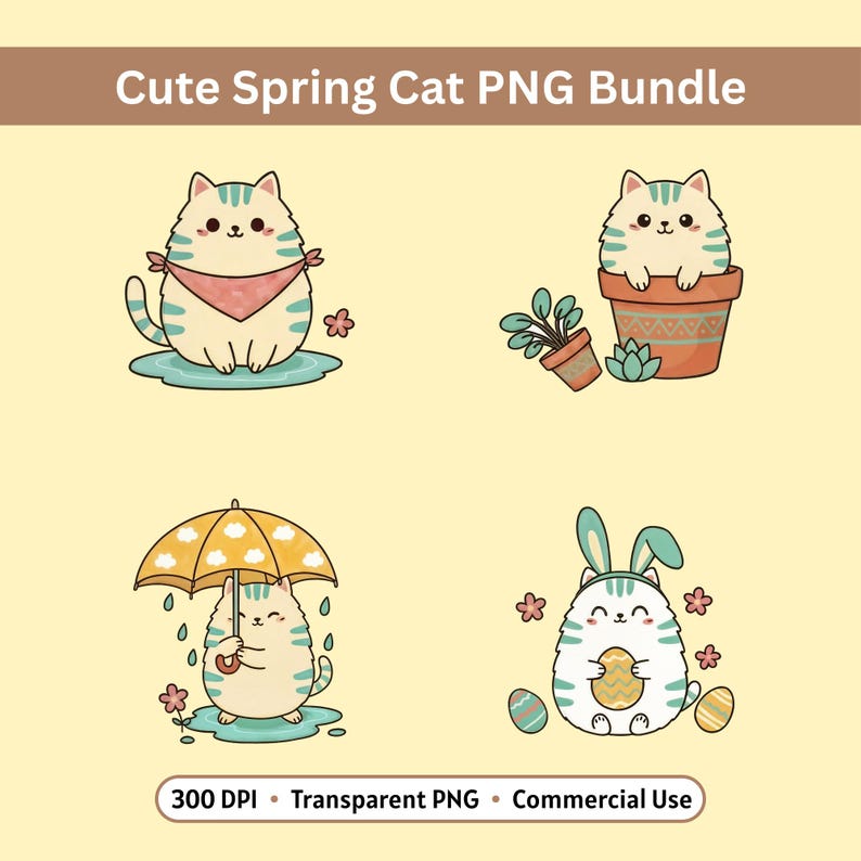 Kawaii Spring Cat Clipart Bundle | Easter & Rainy Day PNG (digital ...