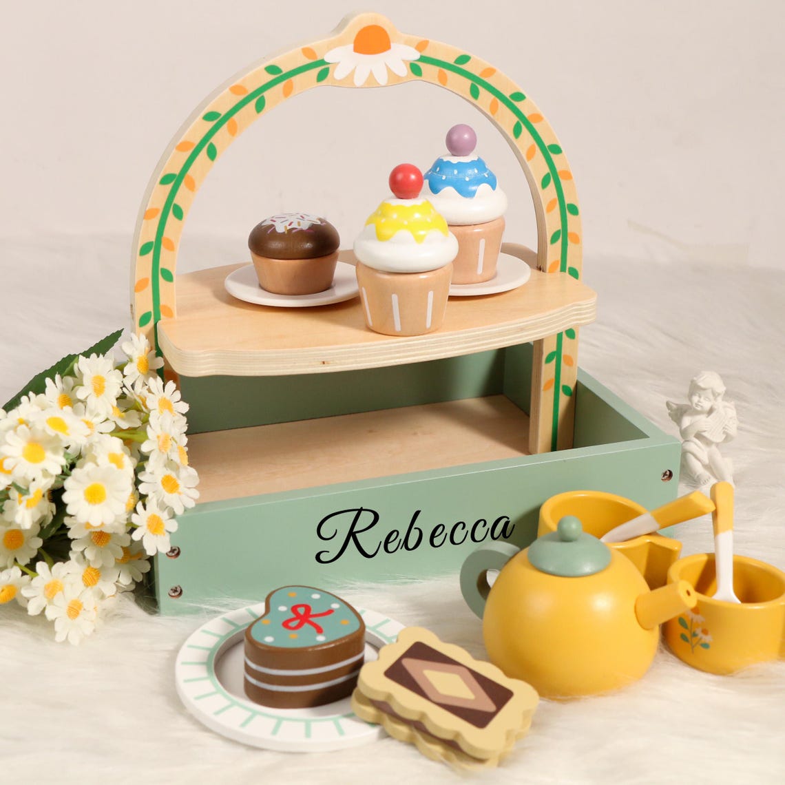 Personalized Wooden Tea Party Play Set, Custom Name Tea Set Toy for ...