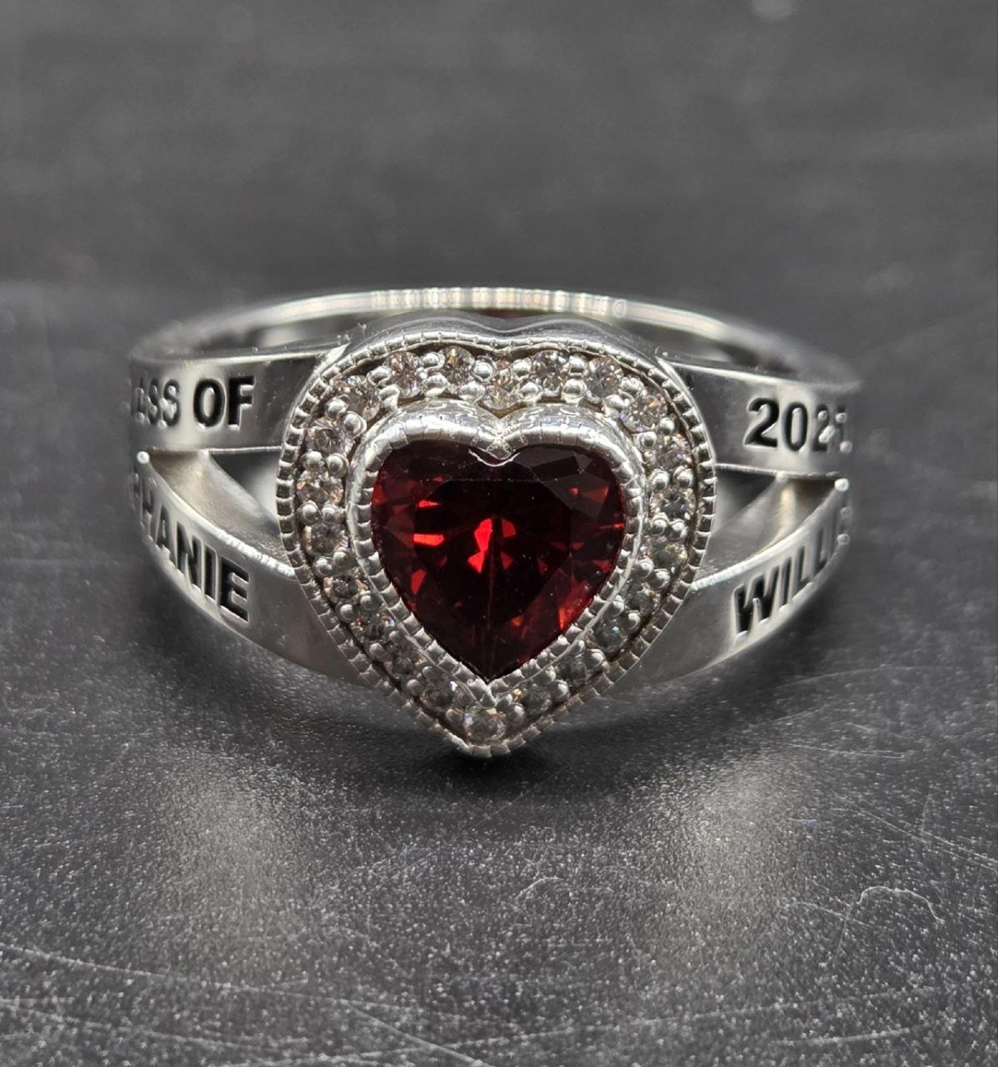 Custom Senior High School Class Ring, Heart CZ Graduation Gift, Silver ...