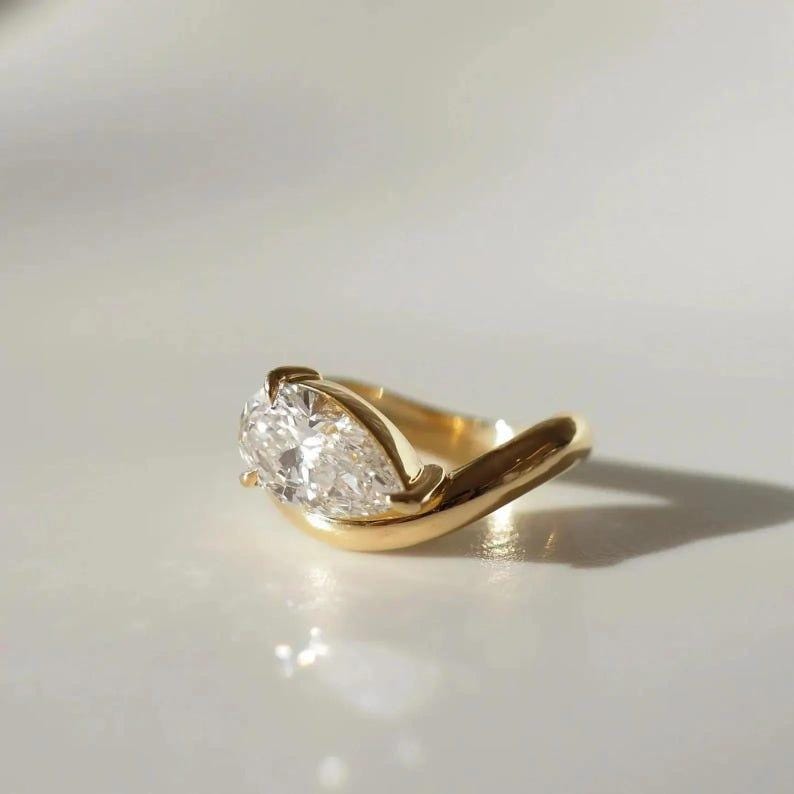 Horizontal Teardrop Moissanite Ring, 14K Gold Wave Band, Handmade - Etsy