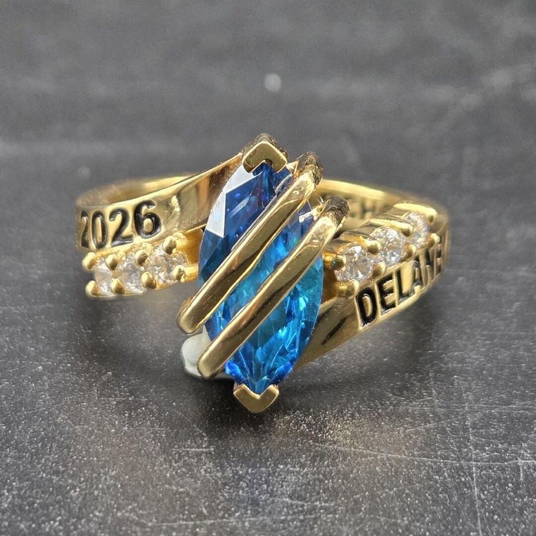 Custom Class Ring 2026, Marquise Blue Topaz Bypass Ring, Personalized ...