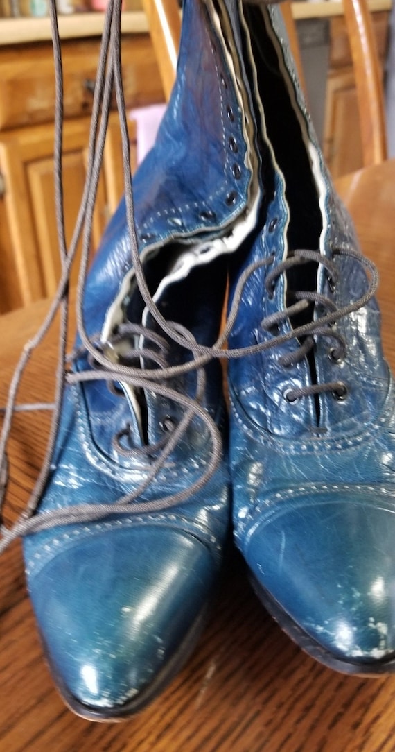 Antique Victorian Leather Lace Up Boots Cerulean Blue - Gem