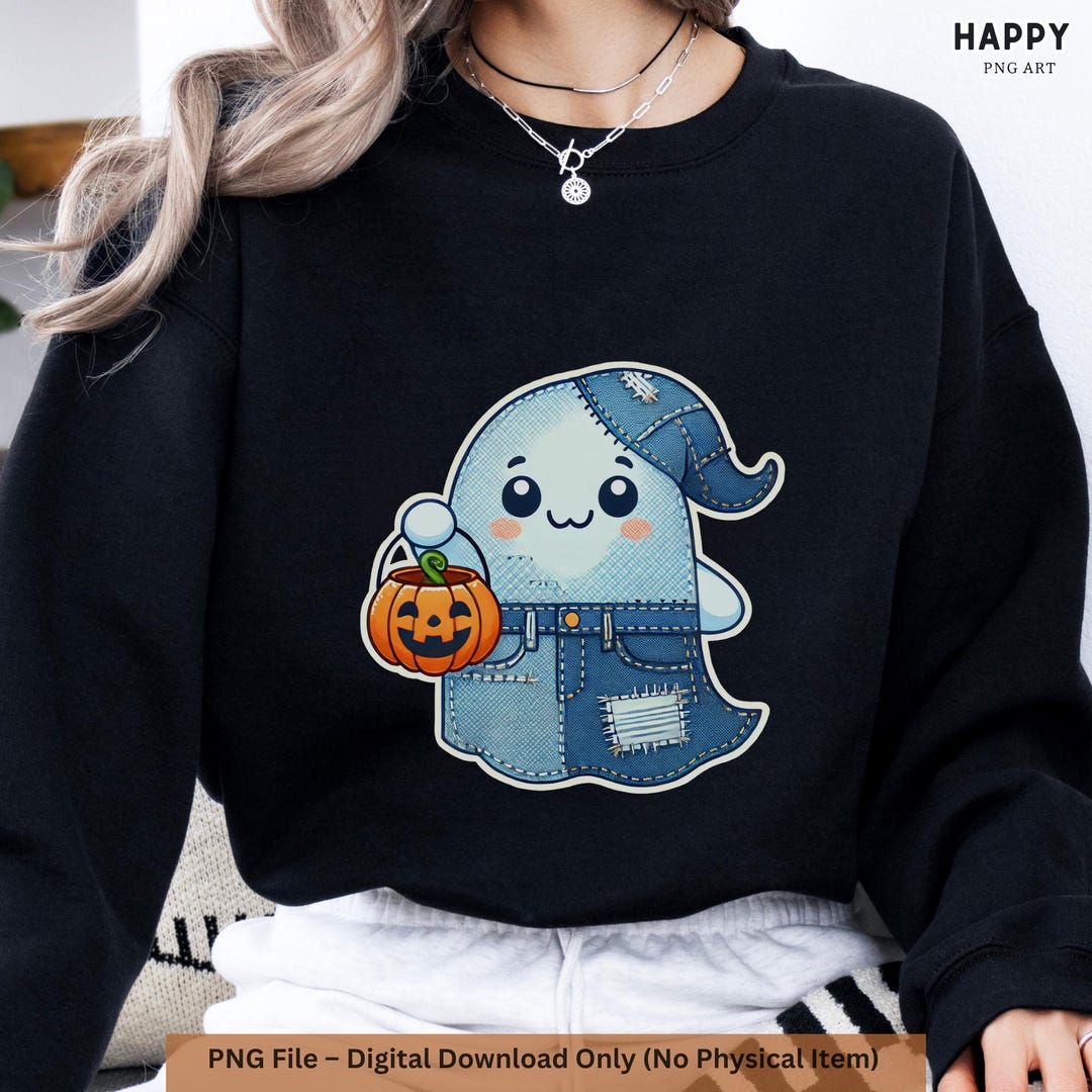 Denim Patchwork Ghost PNG | Kawaii Blue-jeans Ghost With Pumpkin Bucket ...