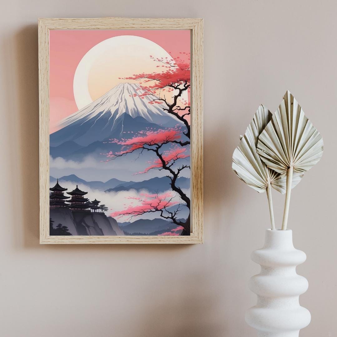 Mount Fuji Red Sunrise Sumi-e Art Print: Japanese Minimalist Decor ...