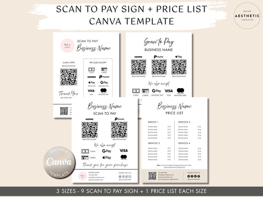 Minimalist Scan to Pay Sign & Price List Template (canva Digital ...