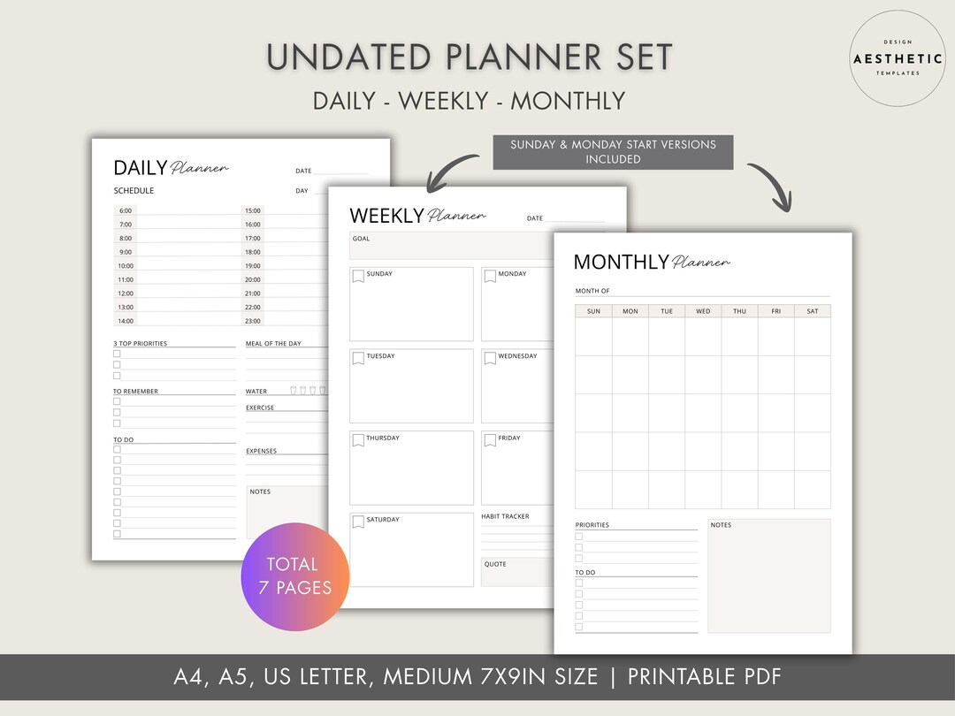 Minimalist Undated Planner: Daily, Weekly, Monthly A4 A5 Letter Medium ...