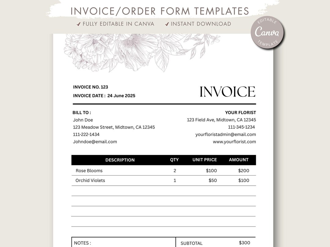 Floral Invoice Template | Blank Invoice Form, Custom Order Form, Small ...