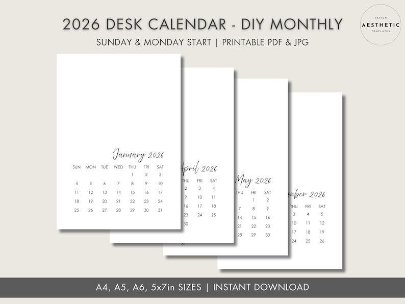 2026 Desk Calendar Template | Minimalist DIY Monthly Planner (printable ...