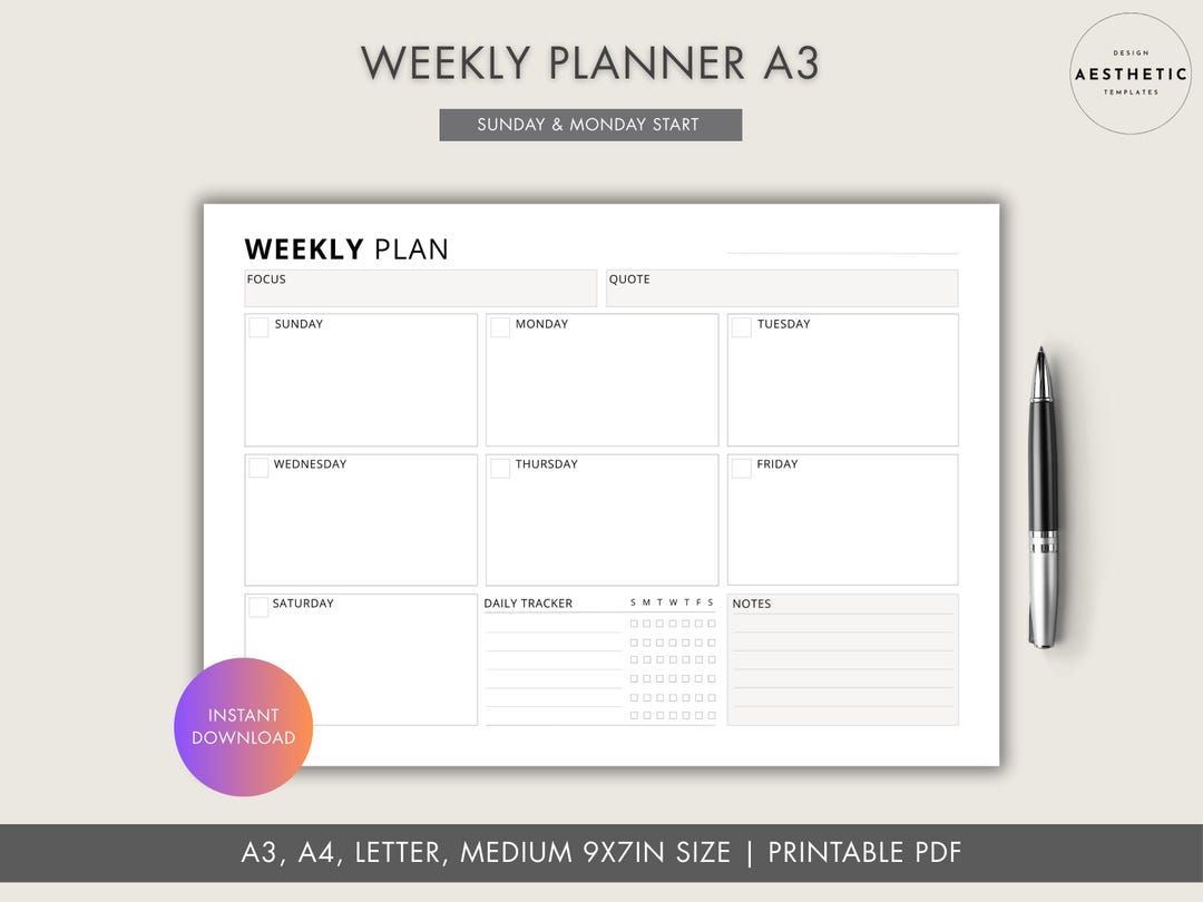 Weekly Planner A3 | Minimalist Clean Planner Printables PDF in 4 Sizes ...