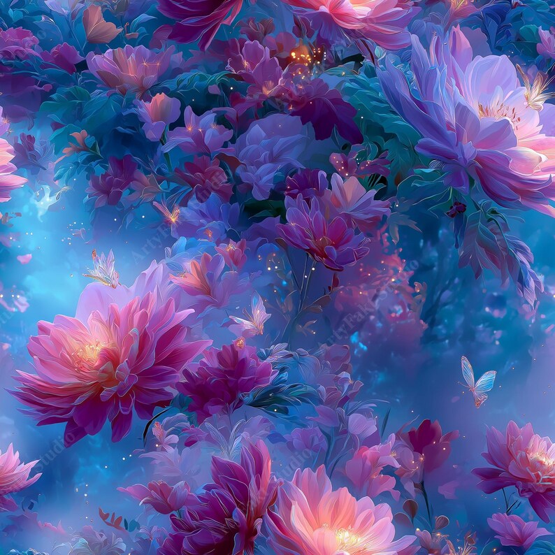 Watercolor Floral Digital Paper Pack | Pink & Blue, 24x24 PNG (digital ...