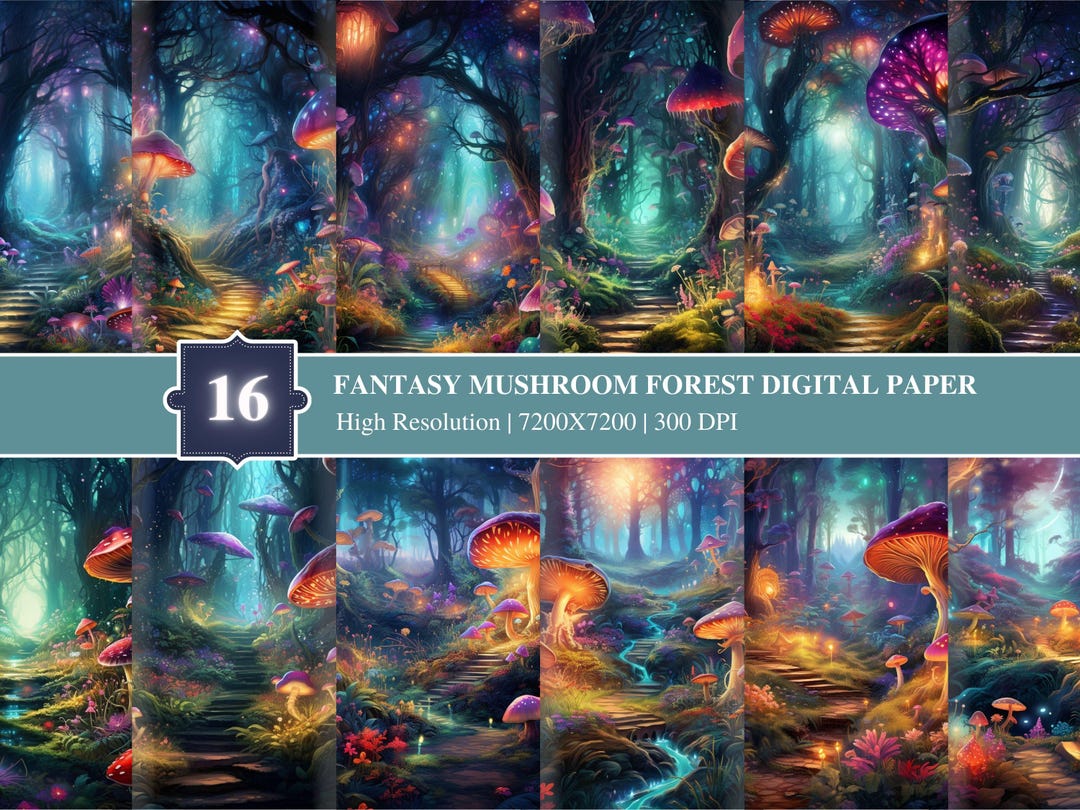 Glowing Mushroom Forest Digital Paper Pack | Fantasy Art (24x24 PNG ...