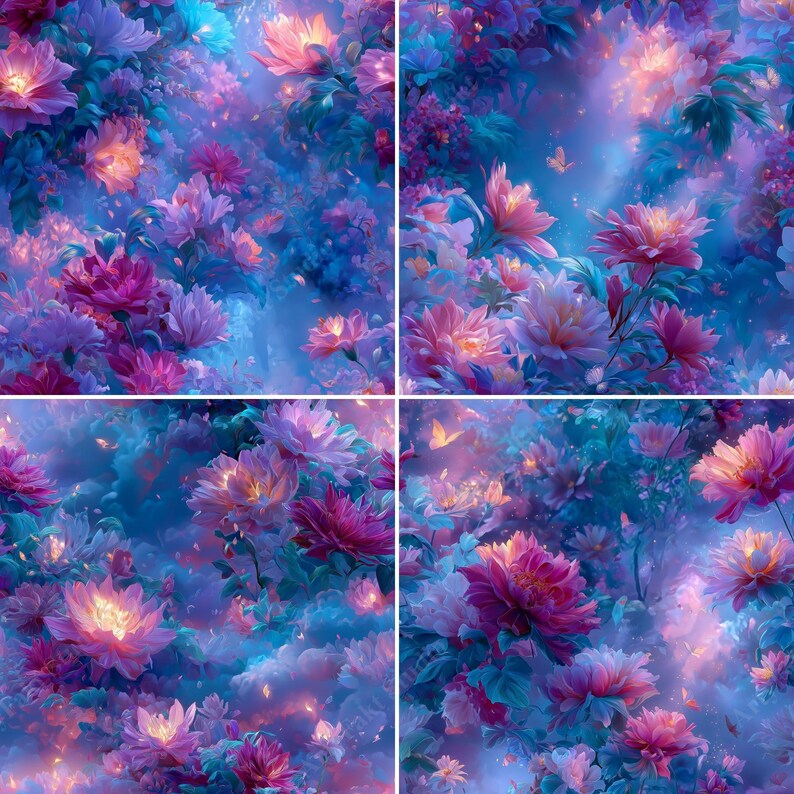 Watercolor Floral Digital Paper Pack | Pink & Blue, 24x24 PNG (digital ...