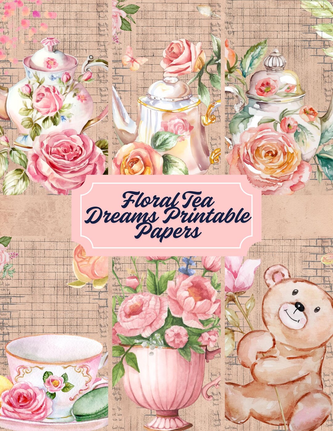 Floral Tea Dreams Printable Papers |tea Party Scrapbook | Rose Teapot ...
