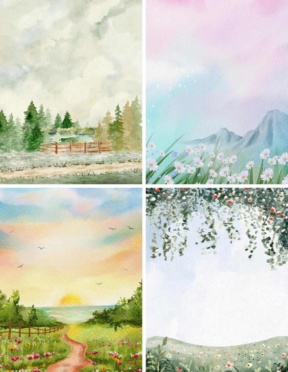Watercolor Nature Backgrounds Printable | Soft Pastel Floral Landscapes ...