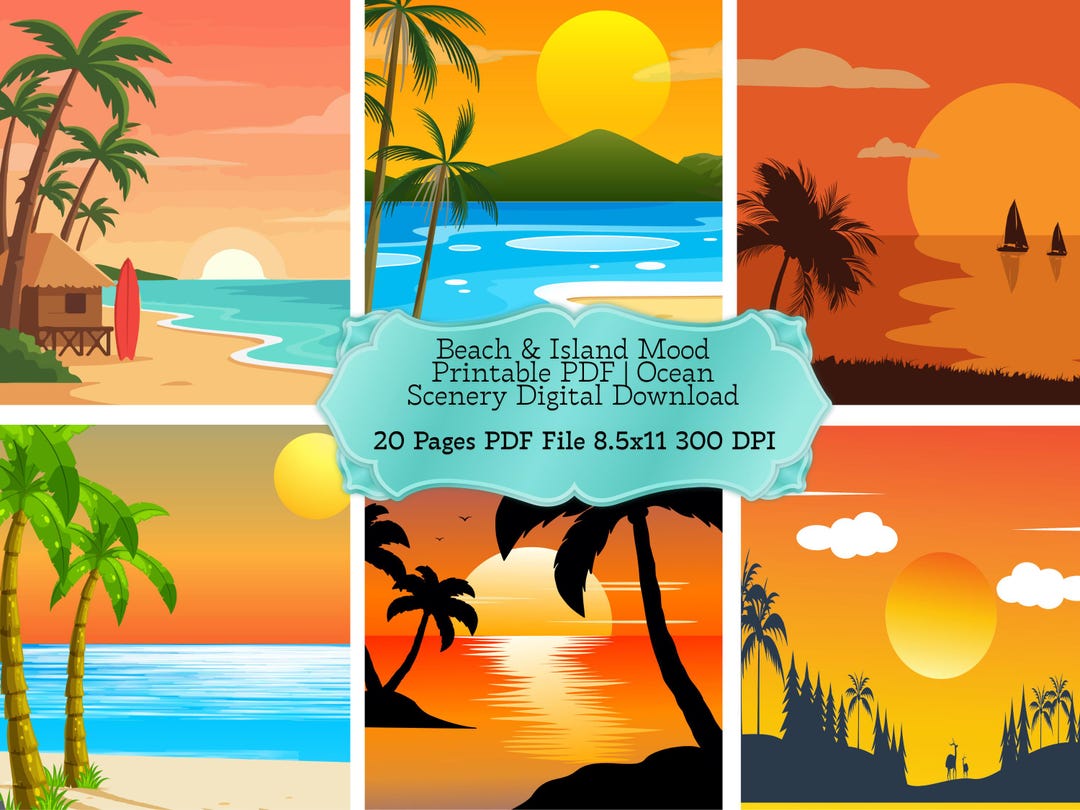 Beach Island Mood Printable PDF | Ocean Sunset Scenery | Tropical ...