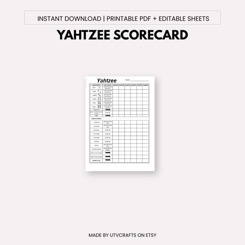 Yahtzee Scorecard Printable: Letter & A4, Excel + Google Sheets (PDF ...
