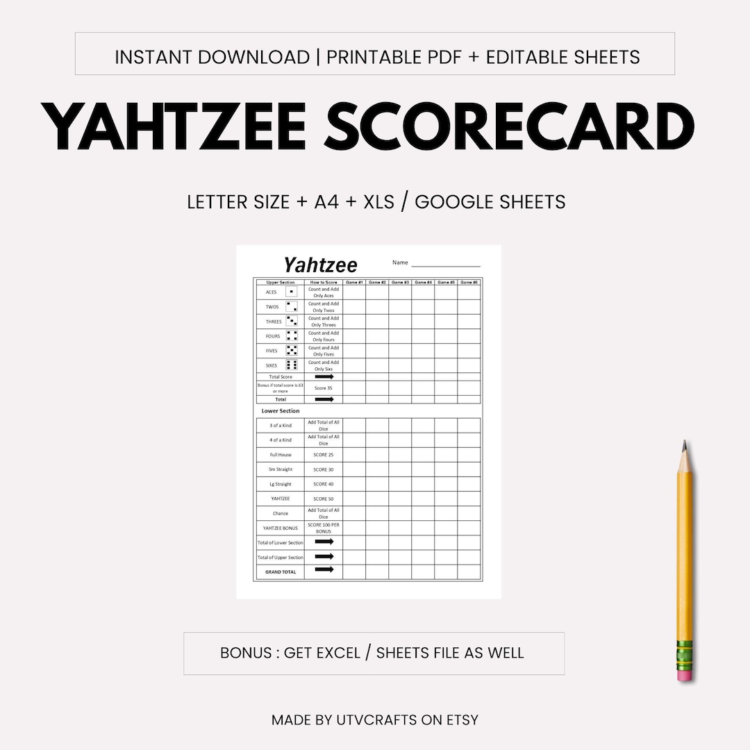 Yahtzee Scorecard Printable: Letter & A4, Excel + Google Sheets (PDF ...