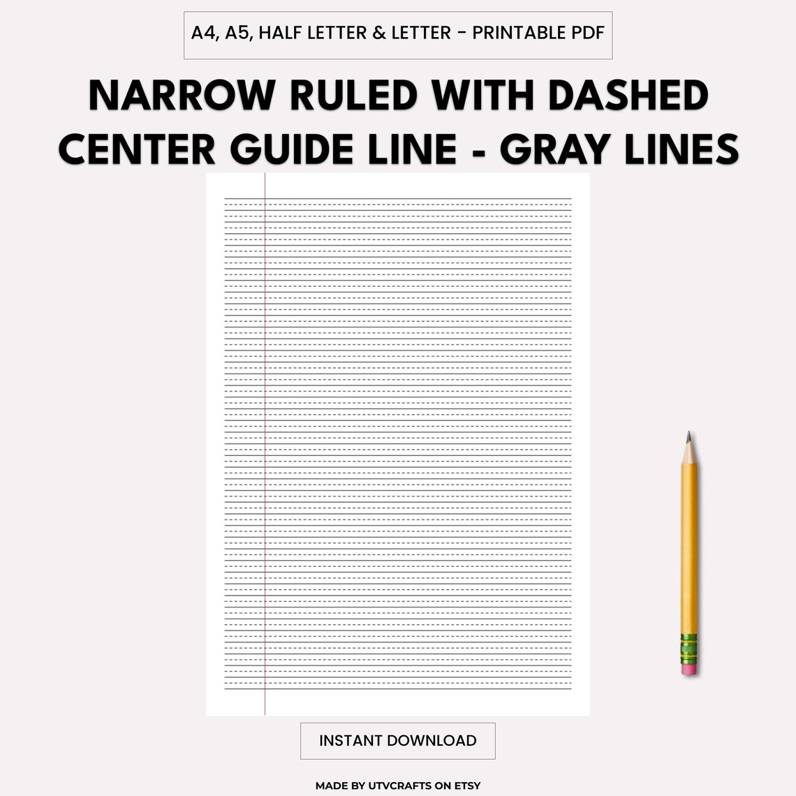 Narrow Ruled Printable Lined Paper With Dashed Center Guideline Gray ...