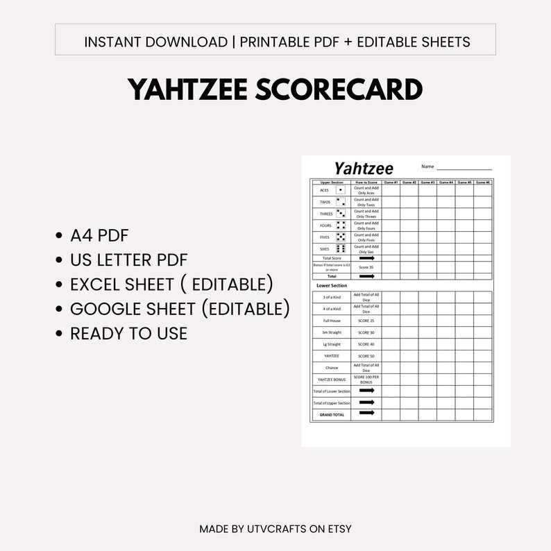 Yahtzee Scorecard Printable: Letter & A4, Excel + Google Sheets (PDF ...