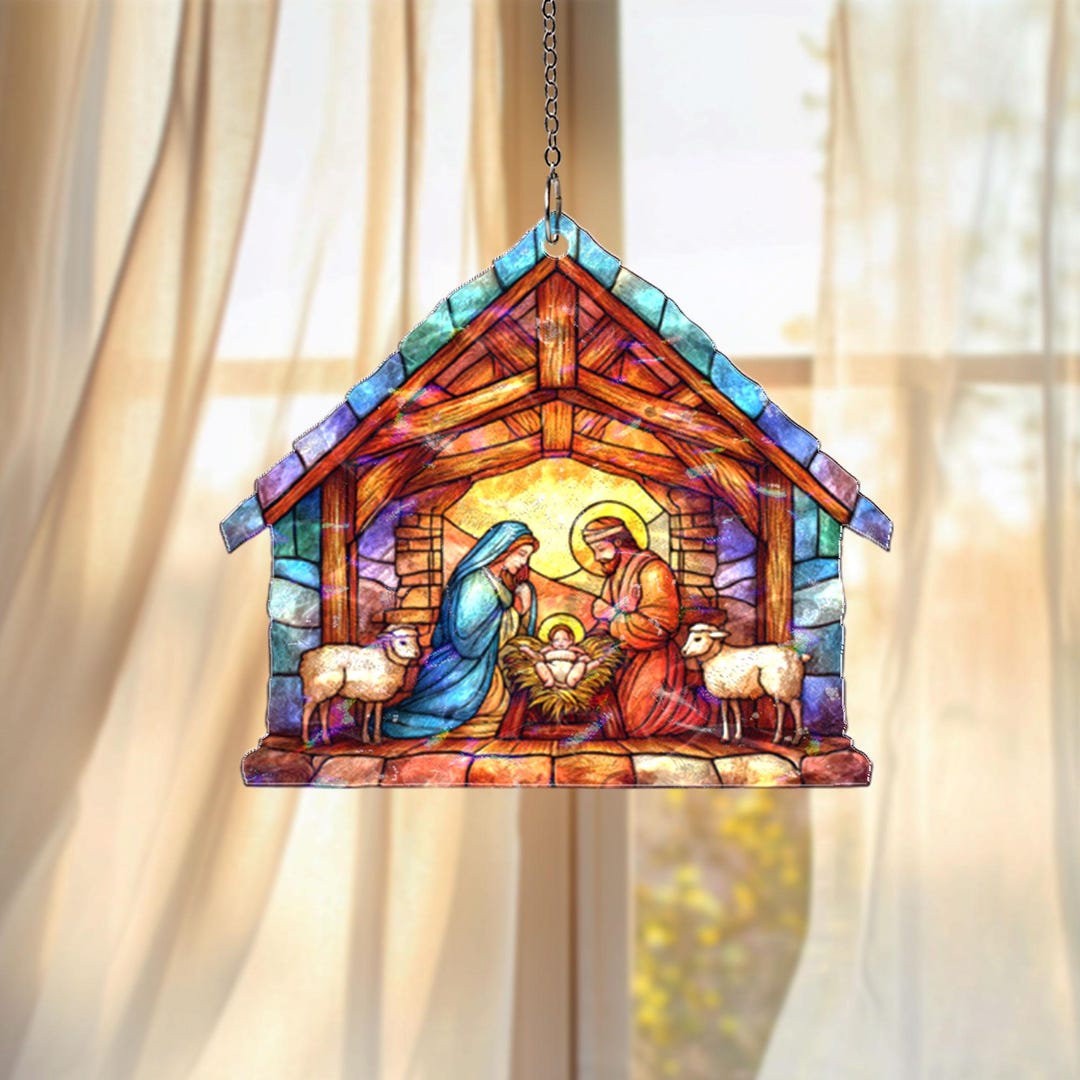 Nativity Scene Acrylic Suncatcher, Holy Family Christmas Window Hanging ...