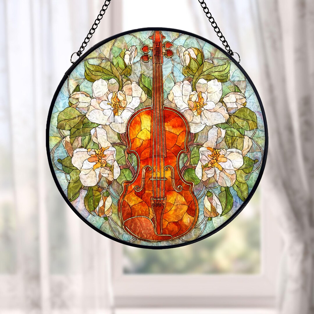 Violin Floral Stained Glass Suncatcher, Music Window Hanging, White ...
