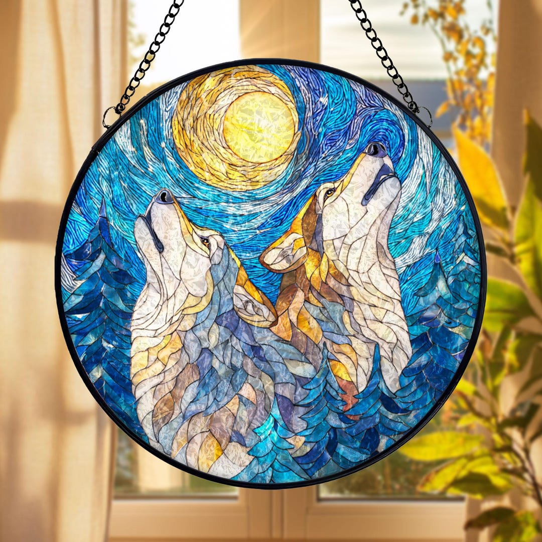 Wolf Moon Stained Glass Suncatcher, Howling Wolves Window Hanging ...