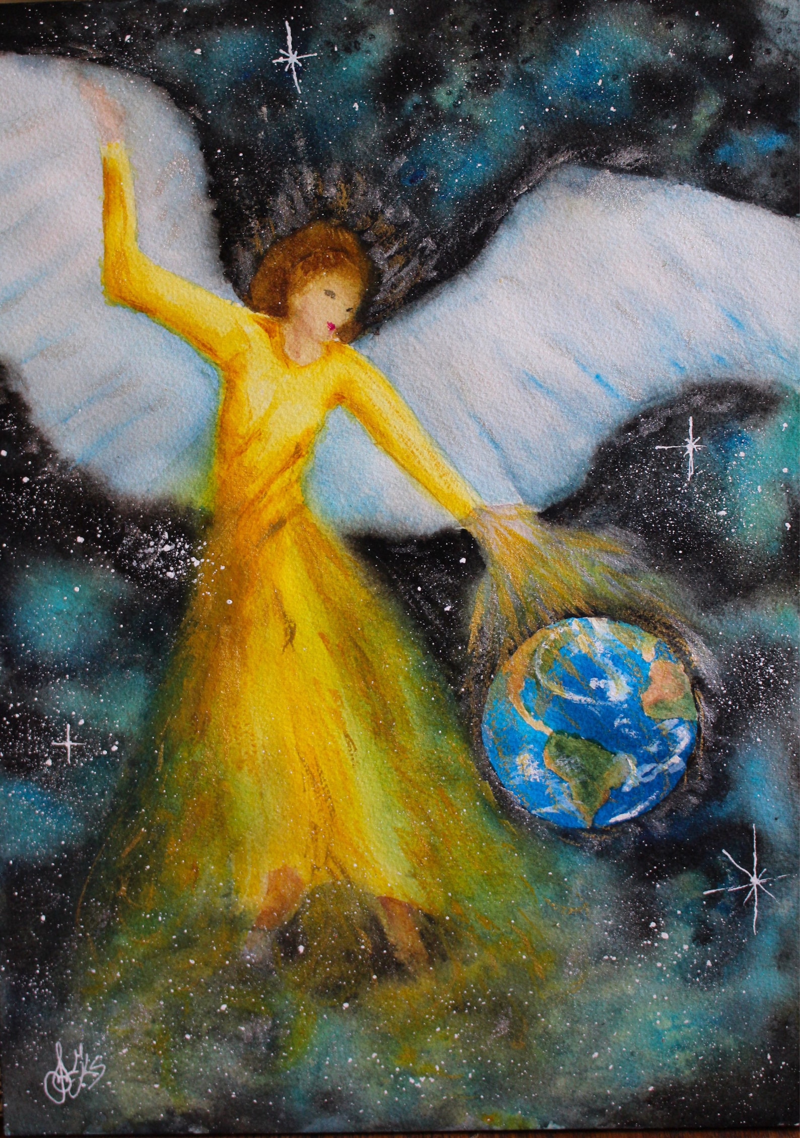 Saving Earth, Earth Angel Art, Watercolor Original Painting, Angel Art ...