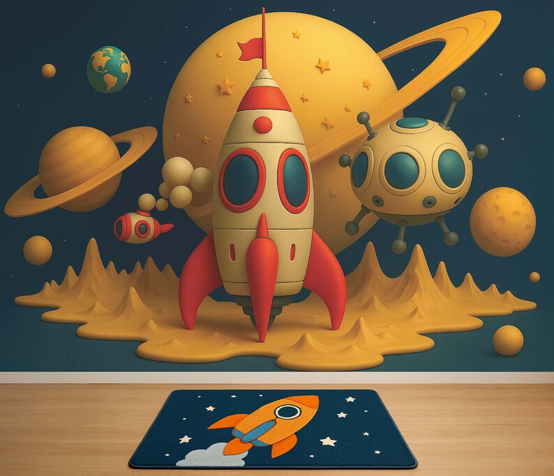 Peel and Stick Rocket & Planets Wallpaper Spaceship Wall Decal Space ...