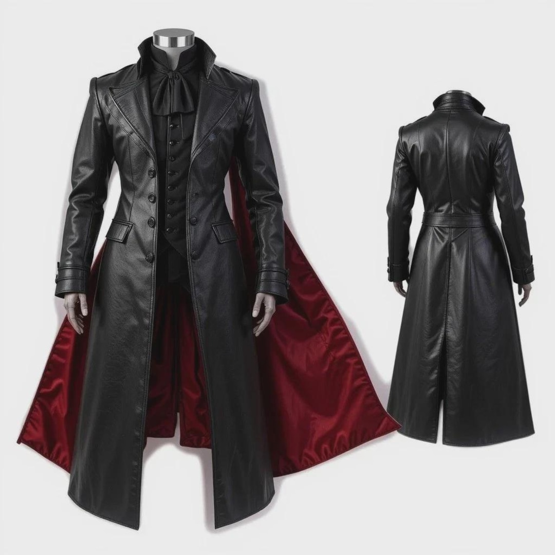 Men’s Gothic Vampire Trench Coat – Long Black Leather Jacket With Red ...