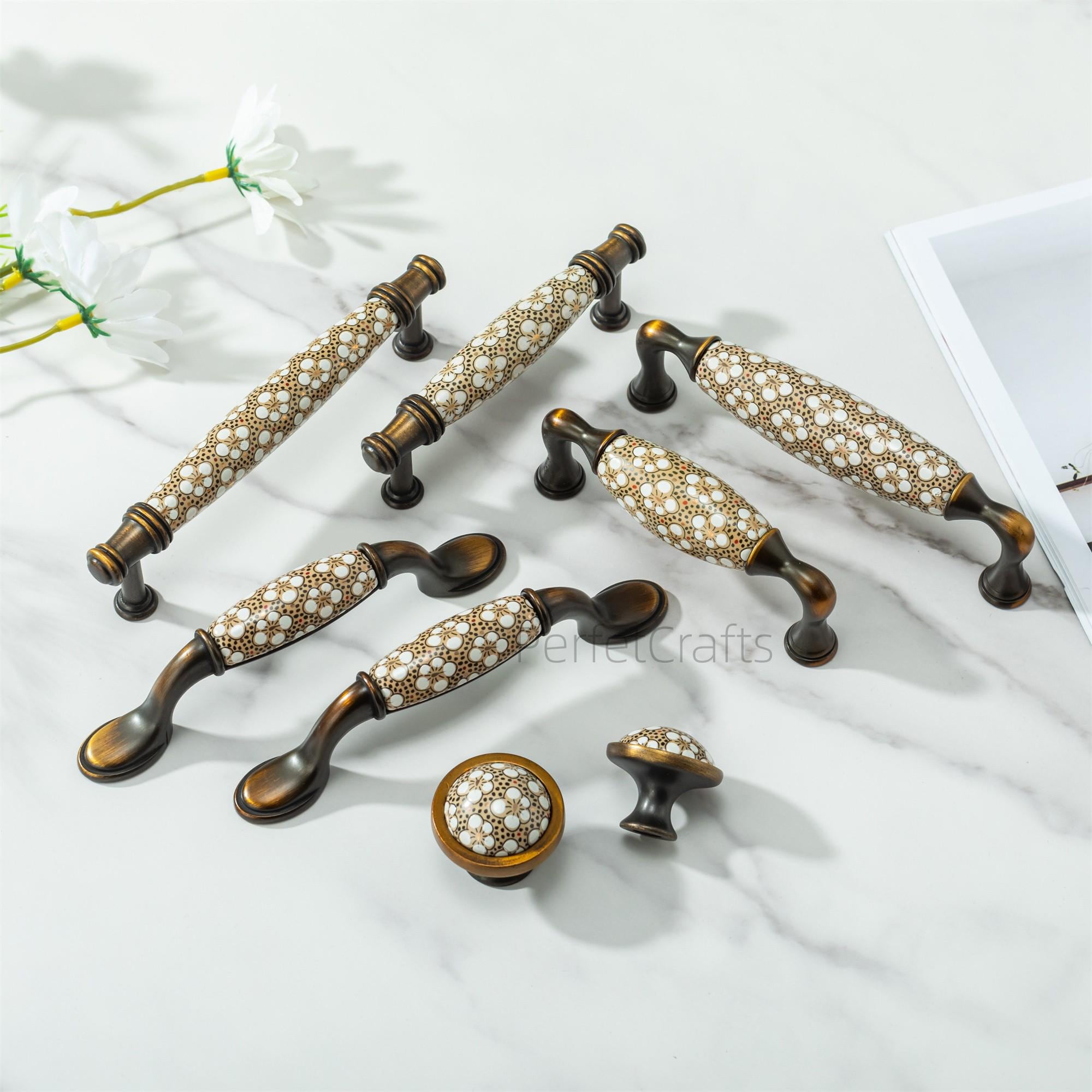 Ceramic Drawer Handles : Aged Brass Cabinet Pulls , Flower Kitchen Door ...
