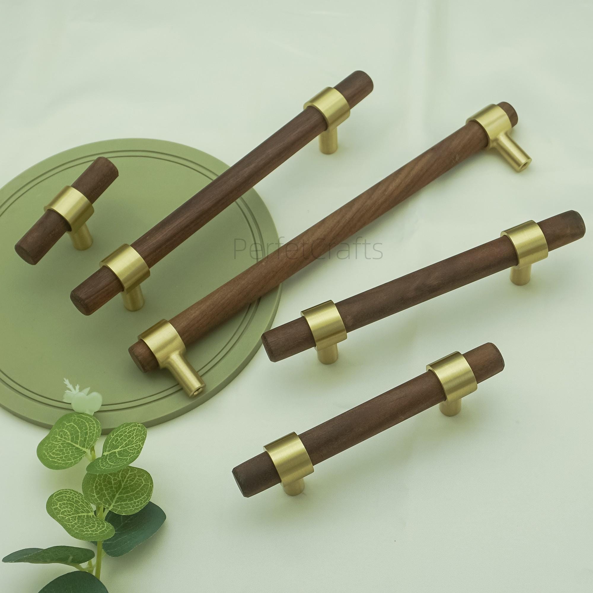 Walnut & Beech Wood Drawer Pulls: Brass Accent Cabinet Handles - Etsy
