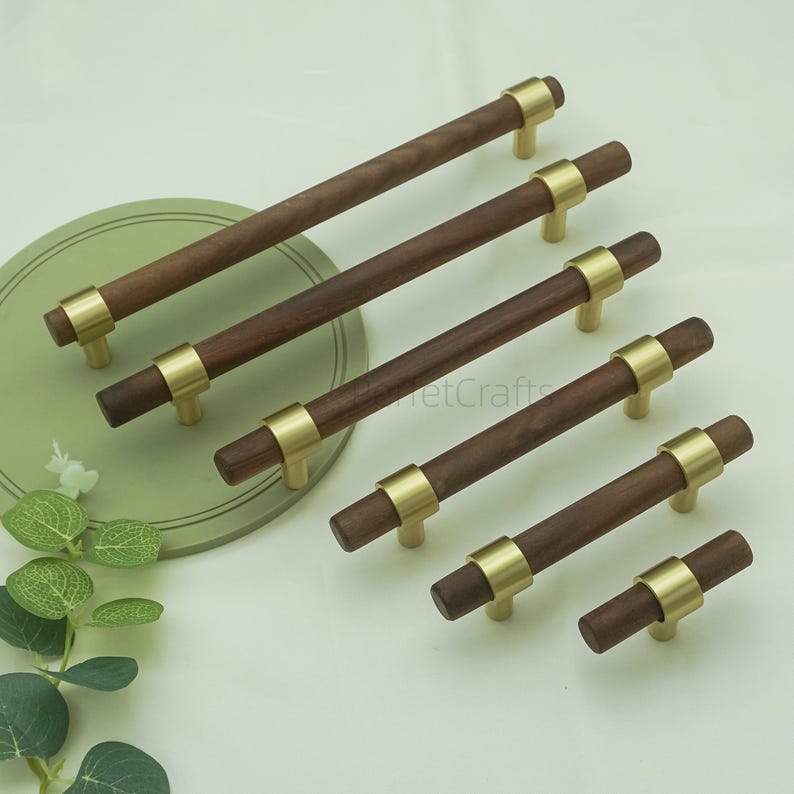 Walnut & Beech Wood Drawer Pulls: Brass Accent Cabinet Handles - Etsy