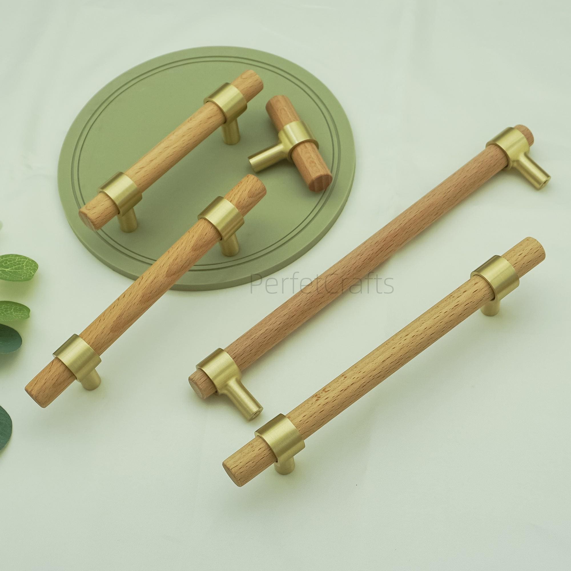 Walnut & Beech Wood Drawer Pulls: Brass Accent Cabinet Handles - Etsy