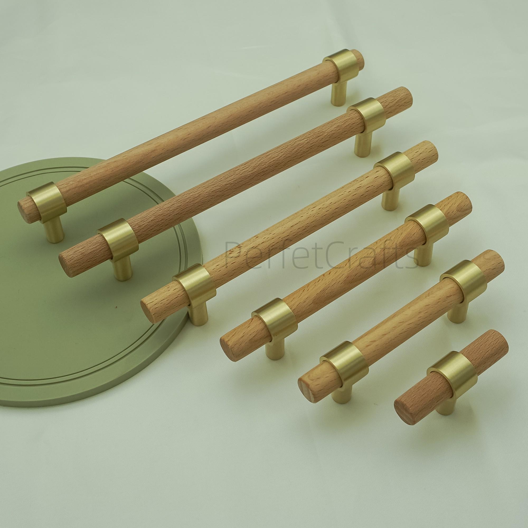 Walnut & Beech Wood Drawer Pulls: Brass Accent Cabinet Handles - Etsy