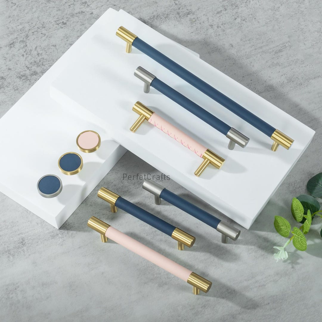 Solid Brass& Leather Drawer Knobs Pulls : Dark Blue Kitchen Cabinet ...