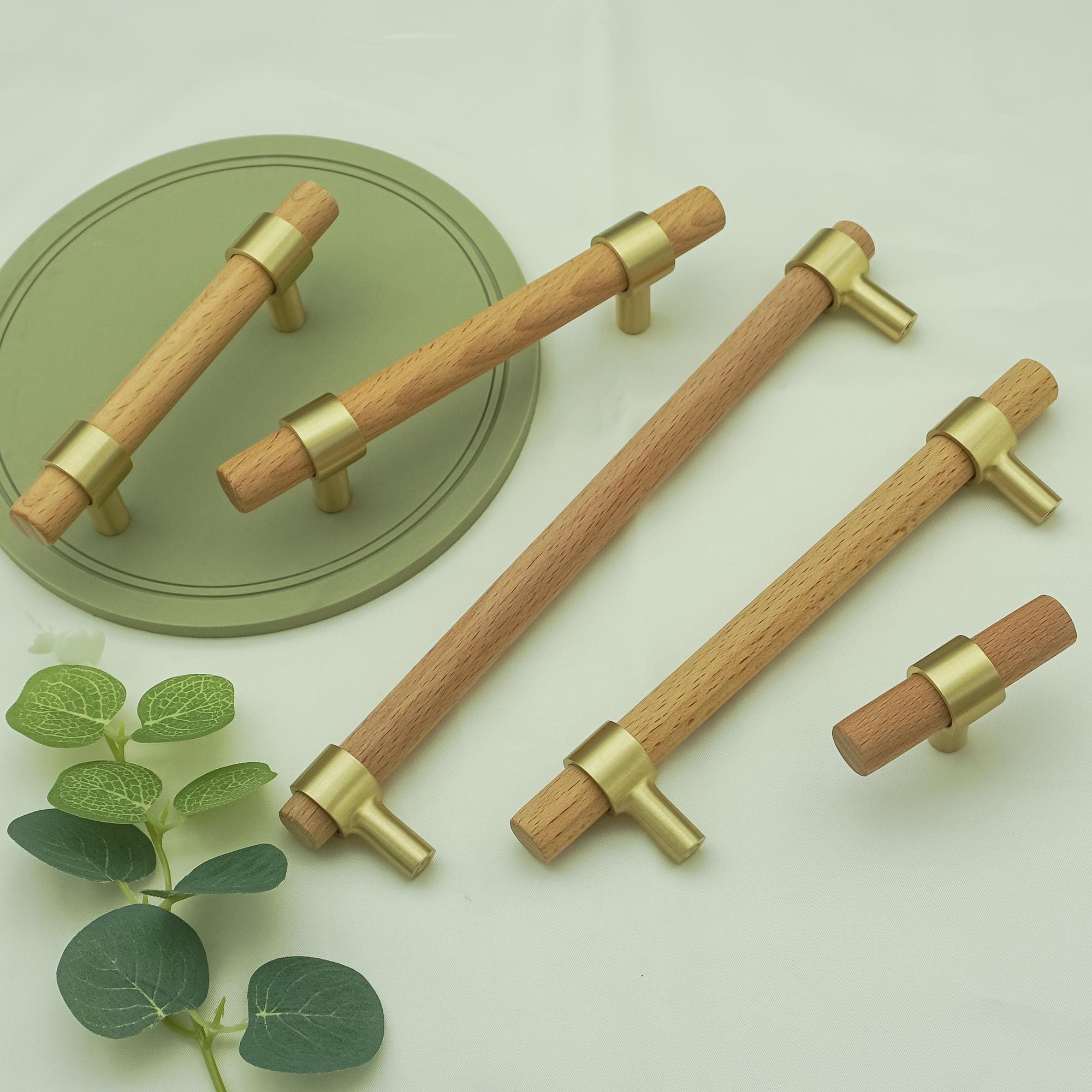 Walnut & Beech Wood Drawer Pulls: Brass Accent Cabinet Handles - Etsy