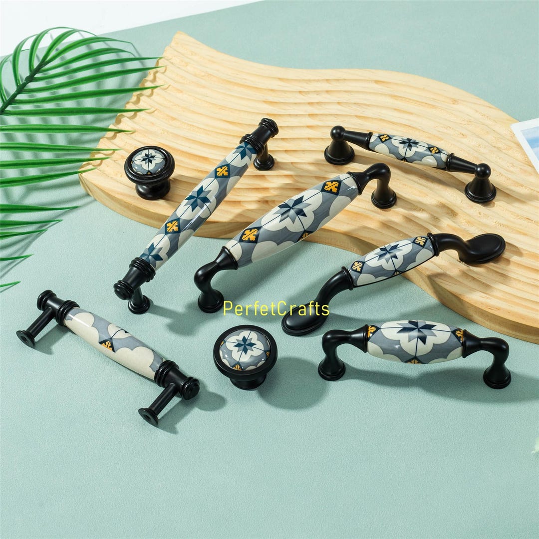 Flower Ceramic Kitchen Cabinet Handles - Black,white Drawer Knobs Pulls ...