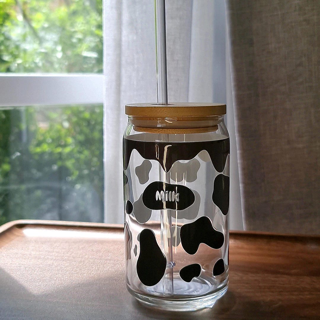 Cow Pattern Sipper Glass Cup: 16oz Farmhouse Decor Tumbler - Etsy