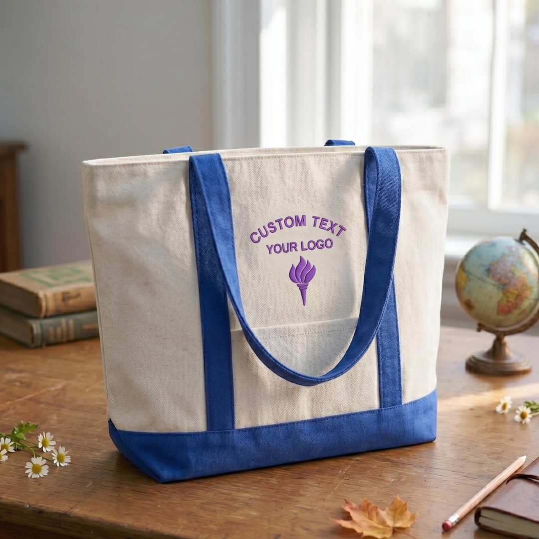 Custom Embroidered Canvas Tote Bag With University Logo, Personalized ...
