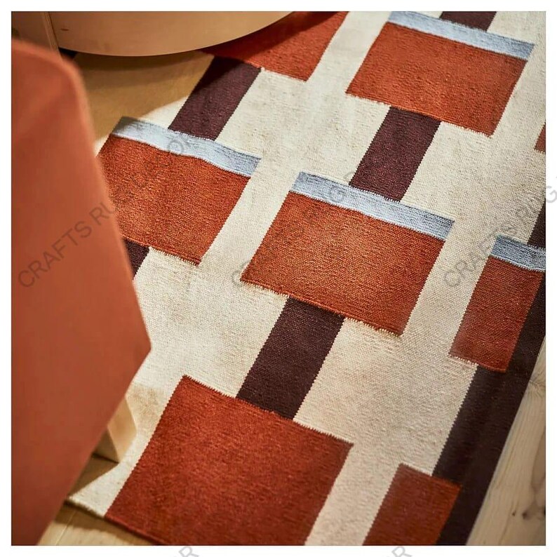 Handwoven Flatweave Wool Cotton Rug | Rust Brown Geometric Block ...
