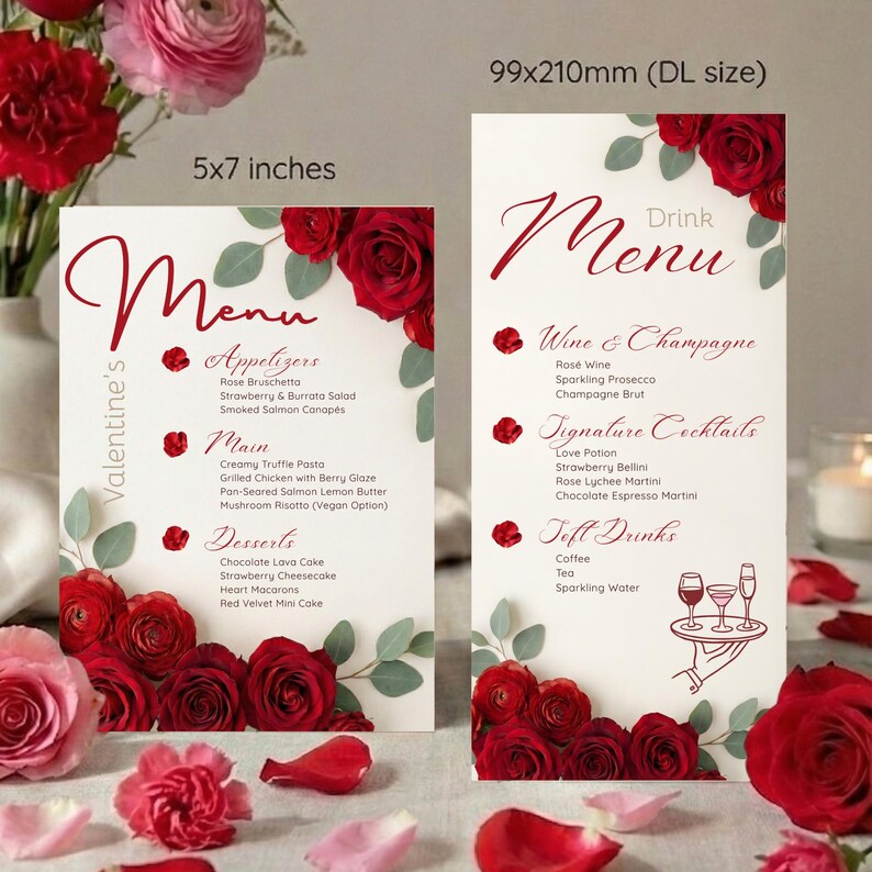 Floral Rose Galentine's Menu Template | Valentine Dinner & Drink Menu ...