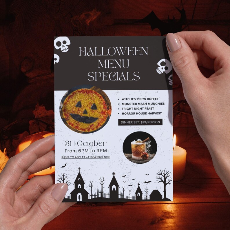 Editable Halloween Menu Flyer: Spooky Party, Restaurant (canva Template ...
