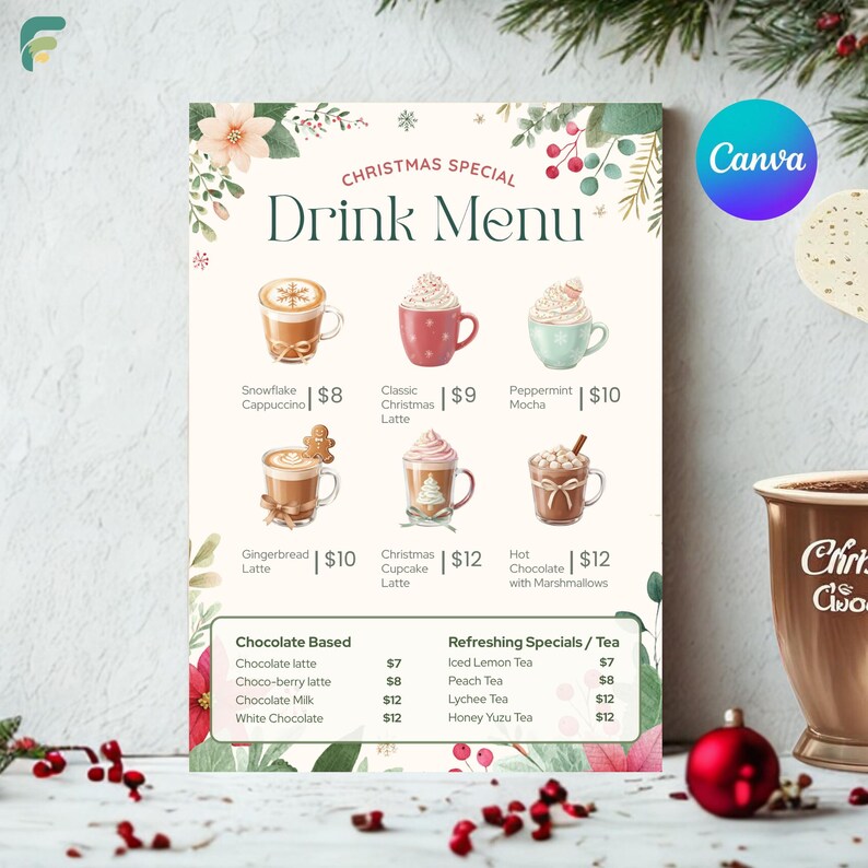 Christmas Drink Menu Sign, Holiday Cafe Menu Board, Winter Restaurant ...