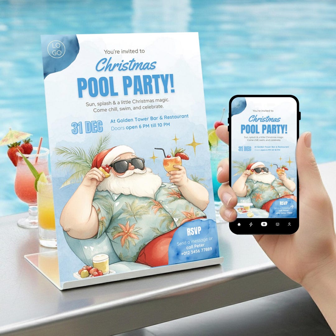 Tropical Christmas Pool Party Invitation Template | Holiday Beach Party ...