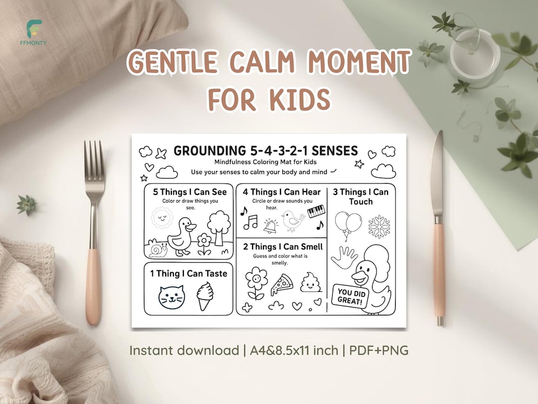 Mindfulness Coloring Placemat for Kids | Grounding 5-4-3-2-1 Activity ...
