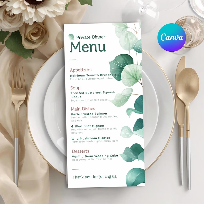 Minimal Wedding Menu Template Canva, Greenery Design (editable Menu) - Etsy