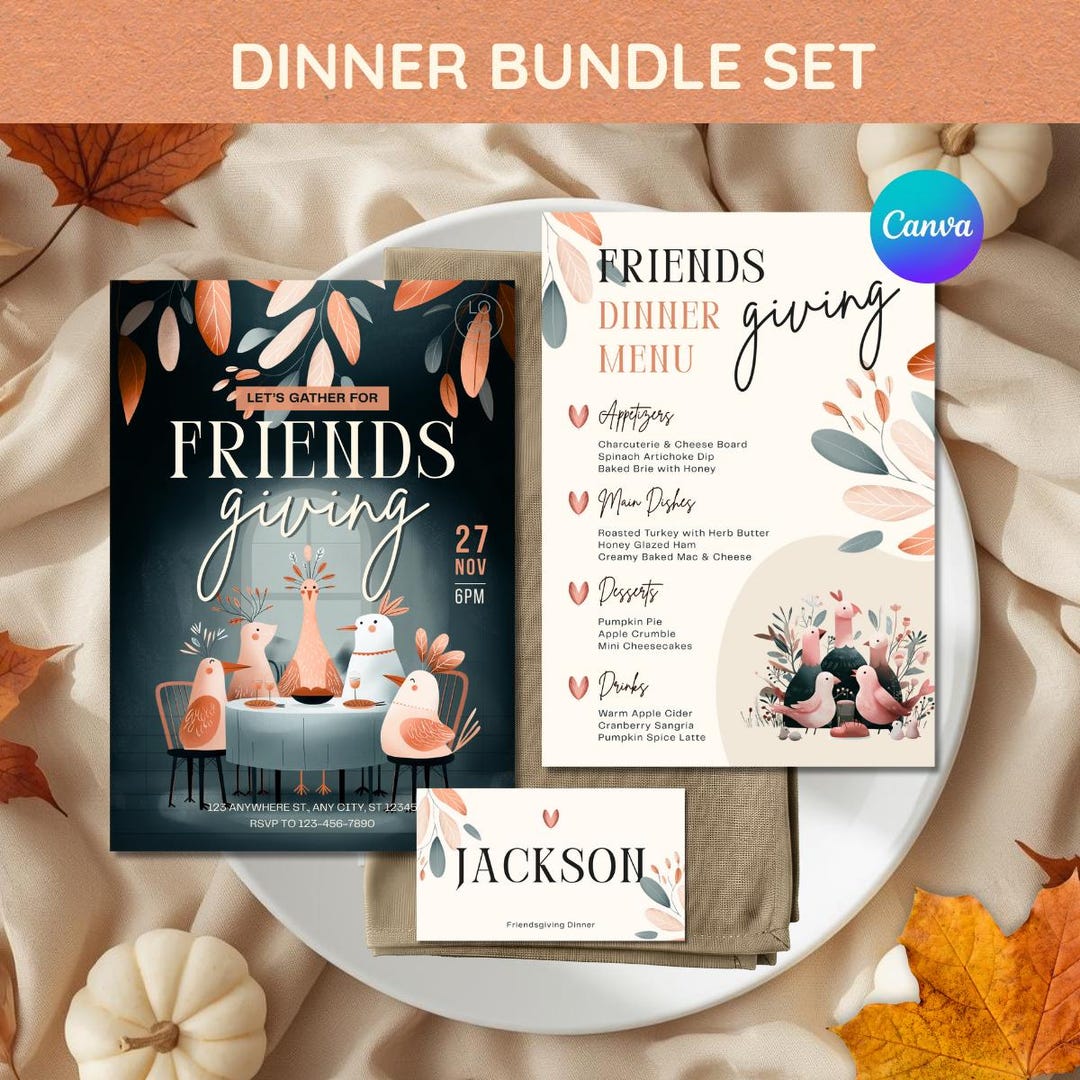 Friendsgiving Dinner Invitation Bundle | Menu & Place Card Templates ...