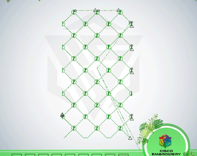 Geometric Lattice Embroidery Design With Green Floral Accents | Allover ...